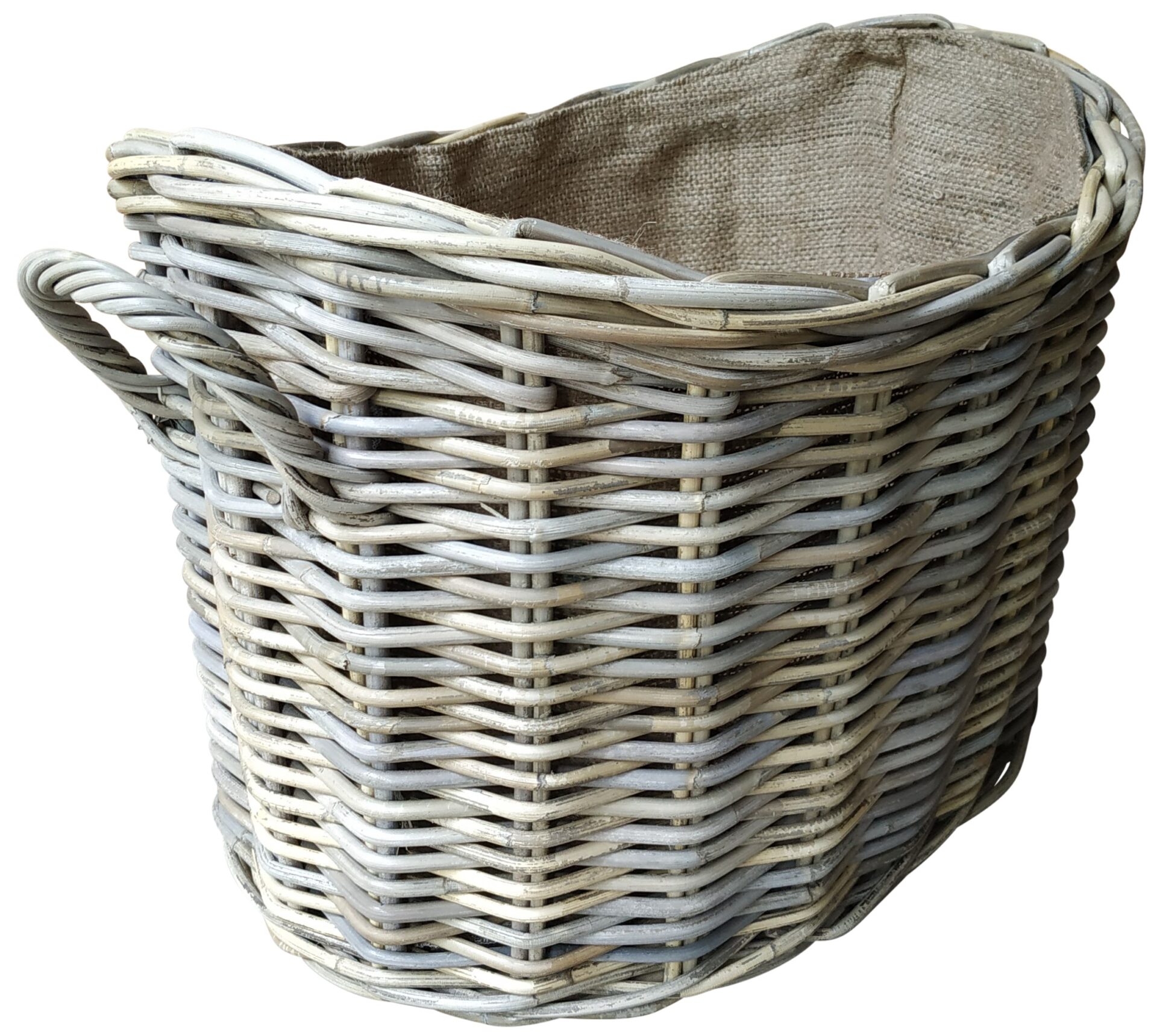 Oval Grey Rattan lined Log Basket with Ear Handles. | Jack Straws Baskets